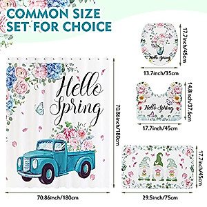 4 Pieces Hello Spring Truck Floral Shower Curtain Sets with Non Slip Rug Butterfly Bathroom Shower Curtain Spring Gnome Bath U Shaped Mat Toilet Lid Cover Waterproof Spring Bathroom Set with Hooks