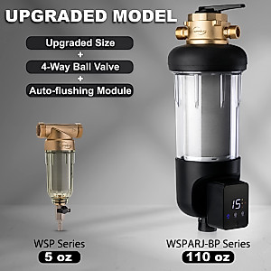 iSpring WSP50ARJ-BP Whole House Prefilter, Spin-Down Sediment Water Filter with Bypass, Upgraded Clear Housing, Jumbo Size, Flushable and Reusable, Touch-Screen Auto Flushing, 4 Modes, 50 Microns