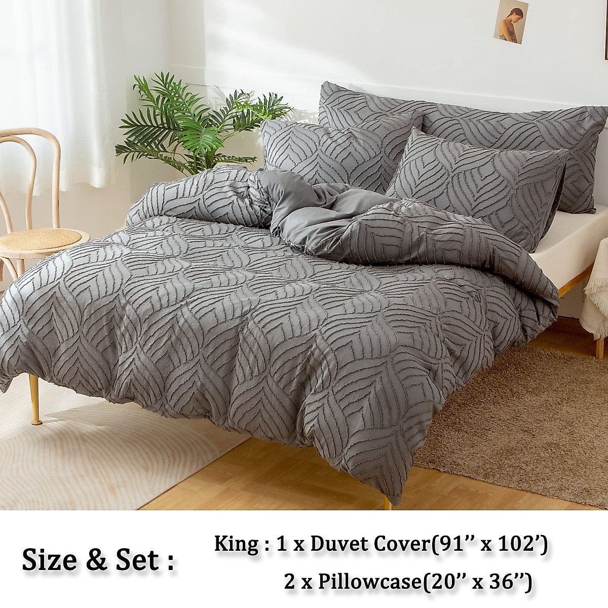 Warmarky Gray Leaf Shape Tufted Duvet Cover King(91''x 102'') Size Light-Weight, Textured Bedding Comforter Cover Set, 1pcs Duvet Cover & 2pcs Envelop Pillowcase(NO Comforter)