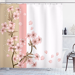 Ambesonne Japanese Shower Curtain Farm House Bathroom Decor Romantic Sakura Blooms Flower Petal Spring Eastern Nature Theme Cloth Fabric Set with Hooks for Vintage Floral Look 69" W x 75" L Sand Brown