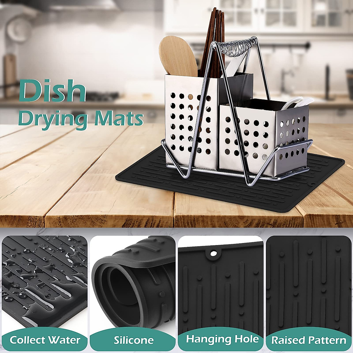 GeeRic Dish Drying Mats, Heat-resistant Silicone Mat for Kitchen Counter, Non-Slip Dish Dry Mat Dishwasher Safe Small, Black