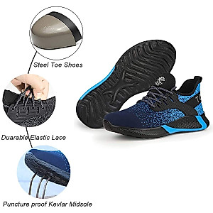 AONEGOLD Safety Shoes for Men Steel Toe Sneaker Work Shoes Lightweight Breathable Industrial Construction Shoes Roofing Shoes(Blue, 41)