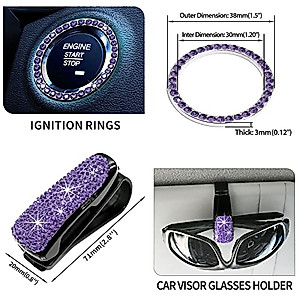Bling Car Accessories Set, MAIMEIMI 22 Pieces Bling Car Phone Holder Mount, Bling Dual USB Car Charger, Bling Car Visor Glasses Holders, Bling Car Seat Hooks Rhinestone Gift for Women Girls (Purple)
