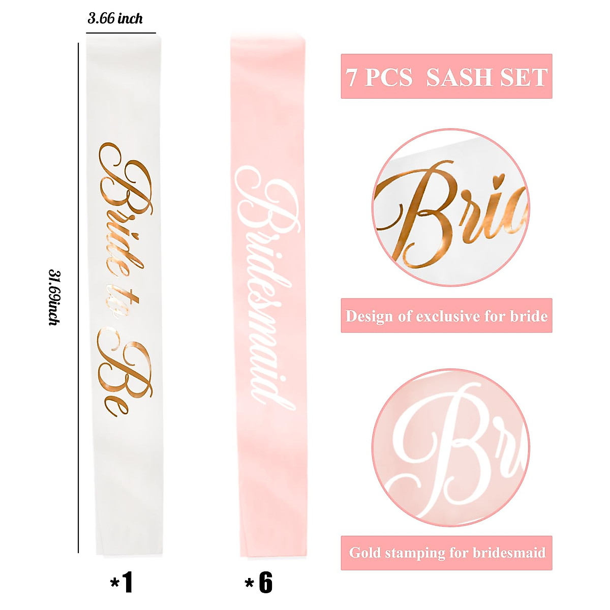 Bachelorette Sashes - Bachelorette Party Set 1 White Bride to Be Sash and 6 Pink Bridesmaid Sashes for Bride to be favors, Bridal Shower Wedding Decorations（7pcs）
