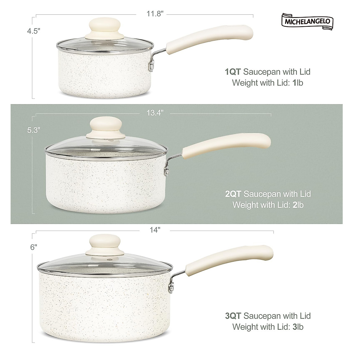 MICHELANGELO Sauce Pan With Lid, Granite Nonstick Saucepans Set, 1QT&2QT&3QT Saucepan With Lid, Multipurpose Cooking Pots, White