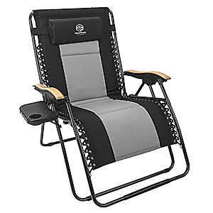 Coastrail Outdoor Zero Gravity Chair Wood Armrest XXL Camping Lounge Chair Patio Recliner Support 400lbs Padded Reclining Chair Folding Lawn Chair with Side Table