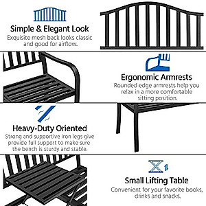 Yaheetech Outdoor Garden Bench w/Pullout Middle Table, Metal Patio Bench, Front Porch Bench for Backyard, Weather-Resistant Frame, Patio Seating for 2-3 Person, Black