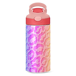 Children Insulated Water Bottles with Straw for School Kids Rainbow Leopard Print Cheetah Animal Stainless Steel Vacuum Double Wall Keeps Hot and Cold with Handles