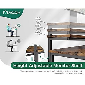 AODK Computer Desk, 48 Inch Gaming Desk with LED Lights and Power Outlet, Office Desk with Adjustable Monitor Shelf (3 Heights), Computer Table Work Desk for Home/Bedroom, Rustic Brown