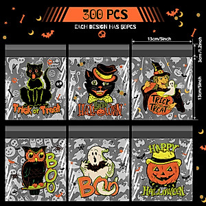 Blosssound 300 Pcs Halloween Cellophane Treat Bags Halloween Self Adhesive Candy Bags Clear Witch Cat Pumpkin Goodie Cookie Gift Bags for Halloween Party Favors Supplies