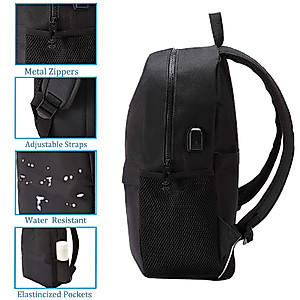 Laptop School Backpack for Teens Girls Boys Travel Waterproof Work Backpacks Notebook College BookBag with USB Charging Port 15.6 Inch Stylish Black Casual Daypack for Women Men, Medium