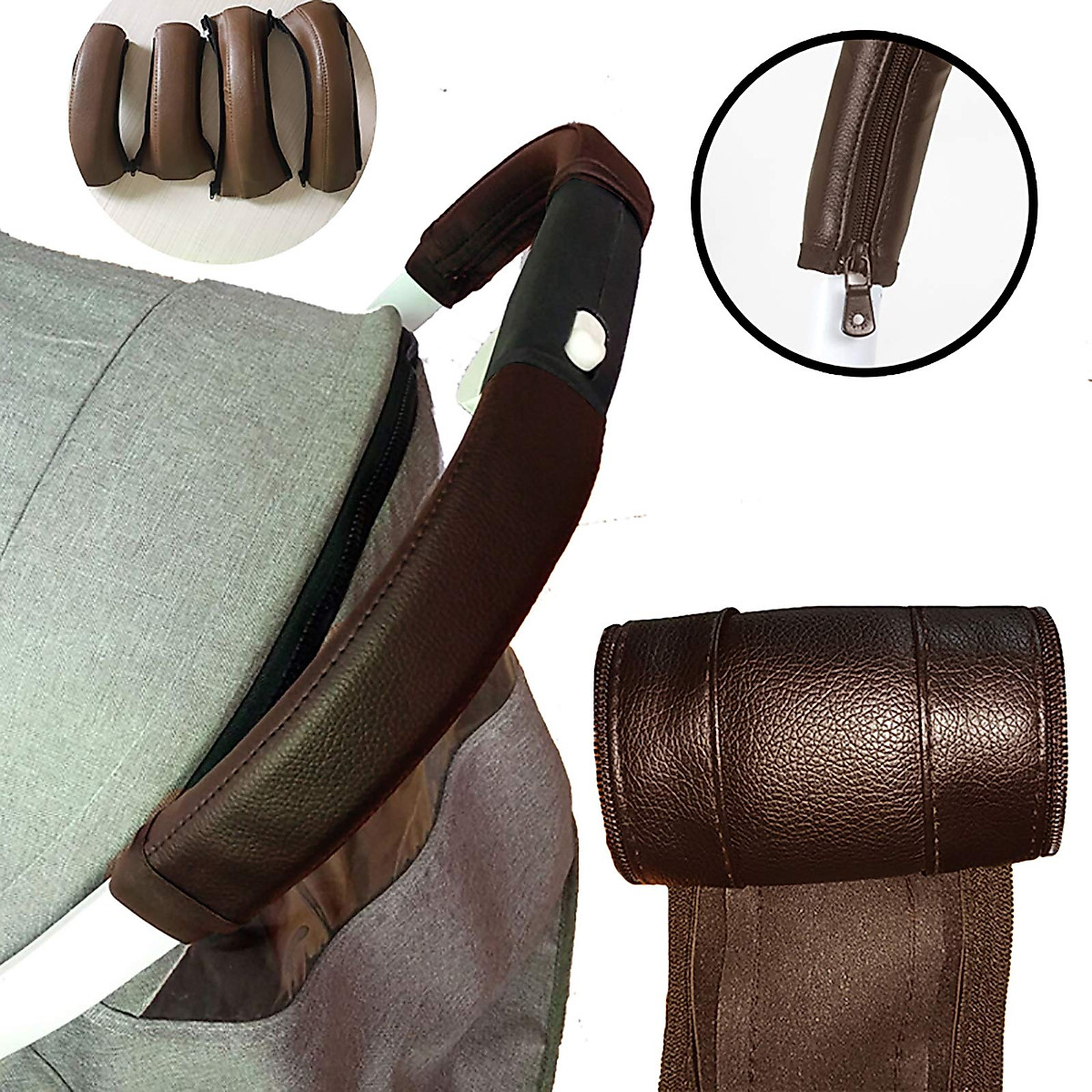 2 Pairs Baby Stroller Accessories Armrest Handle Covers PU Leather Universal Dust-Proof Protective Cover for Pushchair Pram(2 for Baby Armrest and 2 for Adult Push Handle)