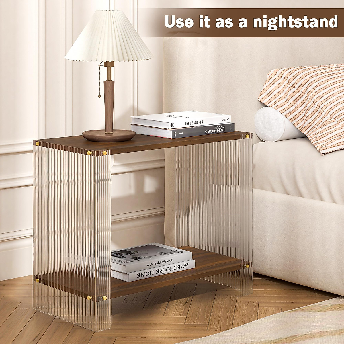 HaiQiwawo Walnut Narrow End Table, Modern Acrylic Sofa Side Table, Small Accent Table, 2-Tier Nightstand Bedside Table for Small Space Bedroom Hallway (Walnut Rectangle Shape)