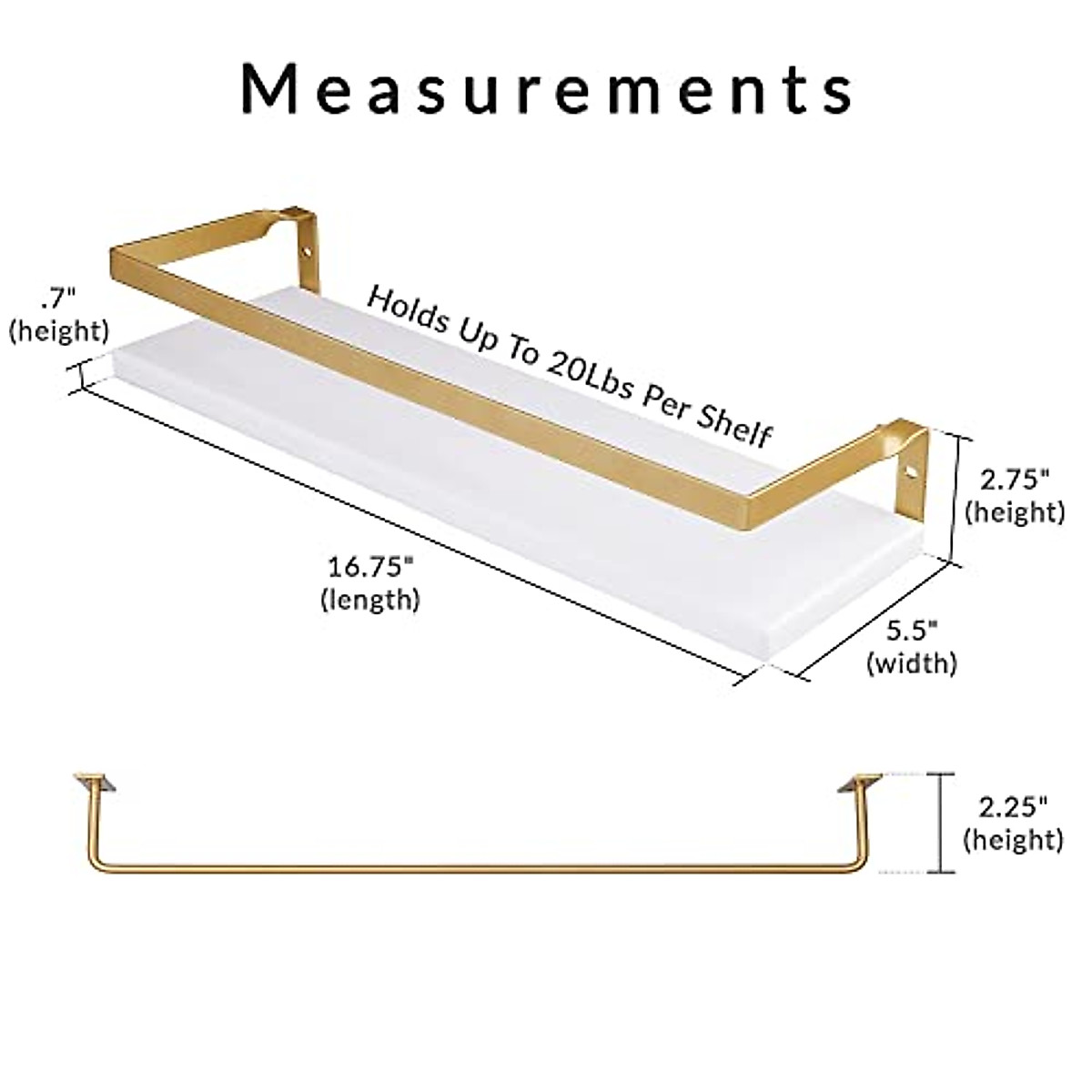 Peter's Goods Modern Floating Shelves with Rail, Modern Brass Finish, Set of 2 Shelves - Wall Mounted Bathroom Wall Shelves with Towel Bar - Also Perfect for Bedroom Decor and Kitchen Storage