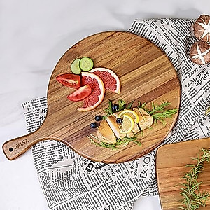 YSTKC Acacia Wood Round Cutting Board with Handle 16" x 12" Inch, Wooden Round Pizza Paddle, Cutting Serving Versatile Board for Kitchen Home Baking, Cheese, Fruits, Vegetables, Bread, Charcuterie