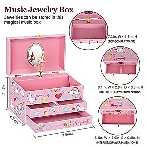 efubaby Musical Jewelry Box for Girls with Spinning Ballerina Unicorn Design, 3 Pullout Drawers, Unicorn Jewelry Set Included Kids Jewelry Box for Little Girls Valentine Gift, Waltz of Flowers Tune