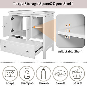 LUMISOL 30 Inch Bathroom Vanity with Sink, Modern Bathroom Cabinet with Ceramic Sink Top, Bathroom Vanity Set with Drawers and Shelves (White)