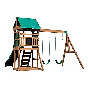 Backyard Discovery Buckley Hill Wooden Swing Set, Made for Small Yards and Younger Children, Two Belt Swings, Covered Mesh Fort with Canopy, Rock Climber Wall, 6 ft Slide Green