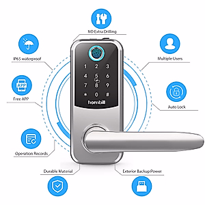 Fingerprint Door Locks with Handle, Hornbill Smart Keyless Entry Locks with Touchscreen Keypad,Bluetooth Front Door Lock, Electronic Digital Deadbolt with Reversible Handle, Free App, Fobs, Code