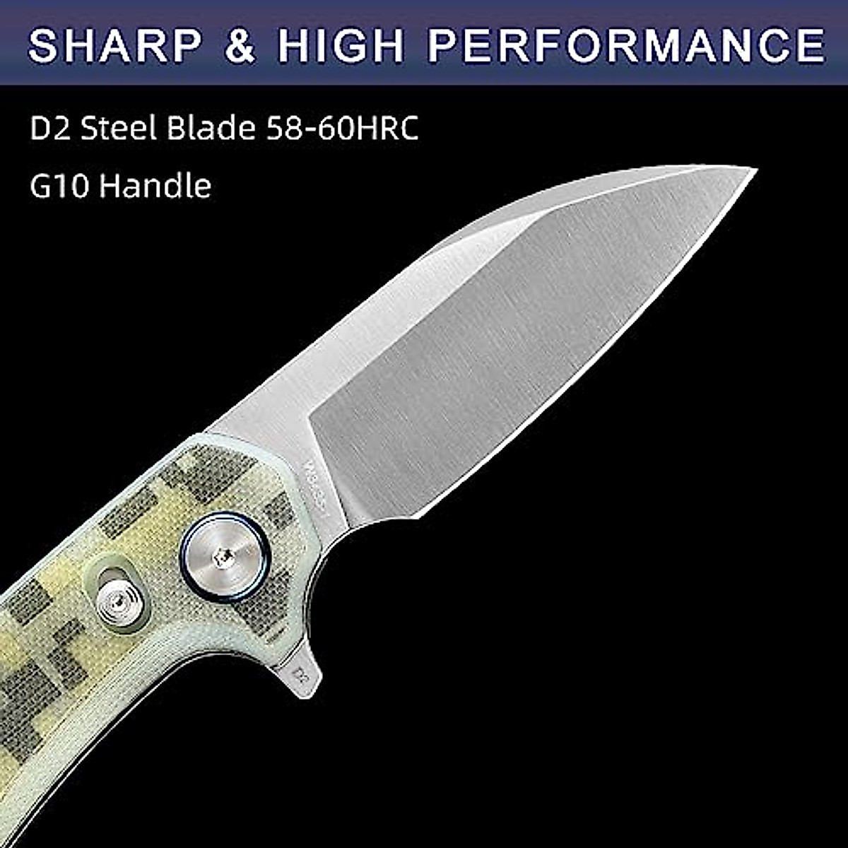 WIN+ Pocket Knife, Folding Knife with Button Lock, EDC Knife with Axis Lock and Ball Bearing, D2 Tactical Knife with G10 Handle, Survival Knives for Camping W3435 (B-Camo-G10)