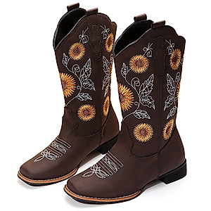 Jiemifu Cowboy Boots Women Sunflower Embroidered Western Boots Cowgirl Boots Square Toe Tall Cowgirl Boots for All Season/Everyday Occasions, Brown