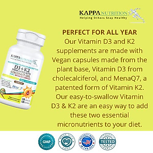 KAPPA NUTRITION Vitamin D3 + K2 Supplement with MCT Oil (Coconut Oil) (5000iu) Vitamin D with 100mcg Mk7 Vitamin K, Supports Calcium for Stronger Bones & Immune Health, 120 Vegan Capsules for Adults
