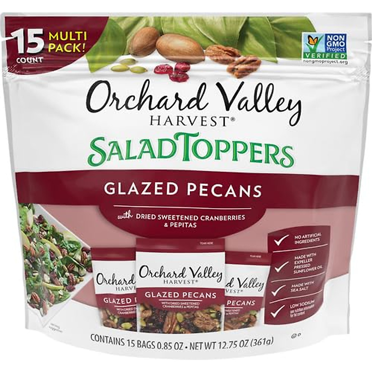 Orchard Valley Harvest Salad Toppers Glazed Pecans with Cranberries and Pepitas, 0.85 Ounce Bags (Pack of 15), Salad Toppings, Non-GMO, No Artificial Ingredients