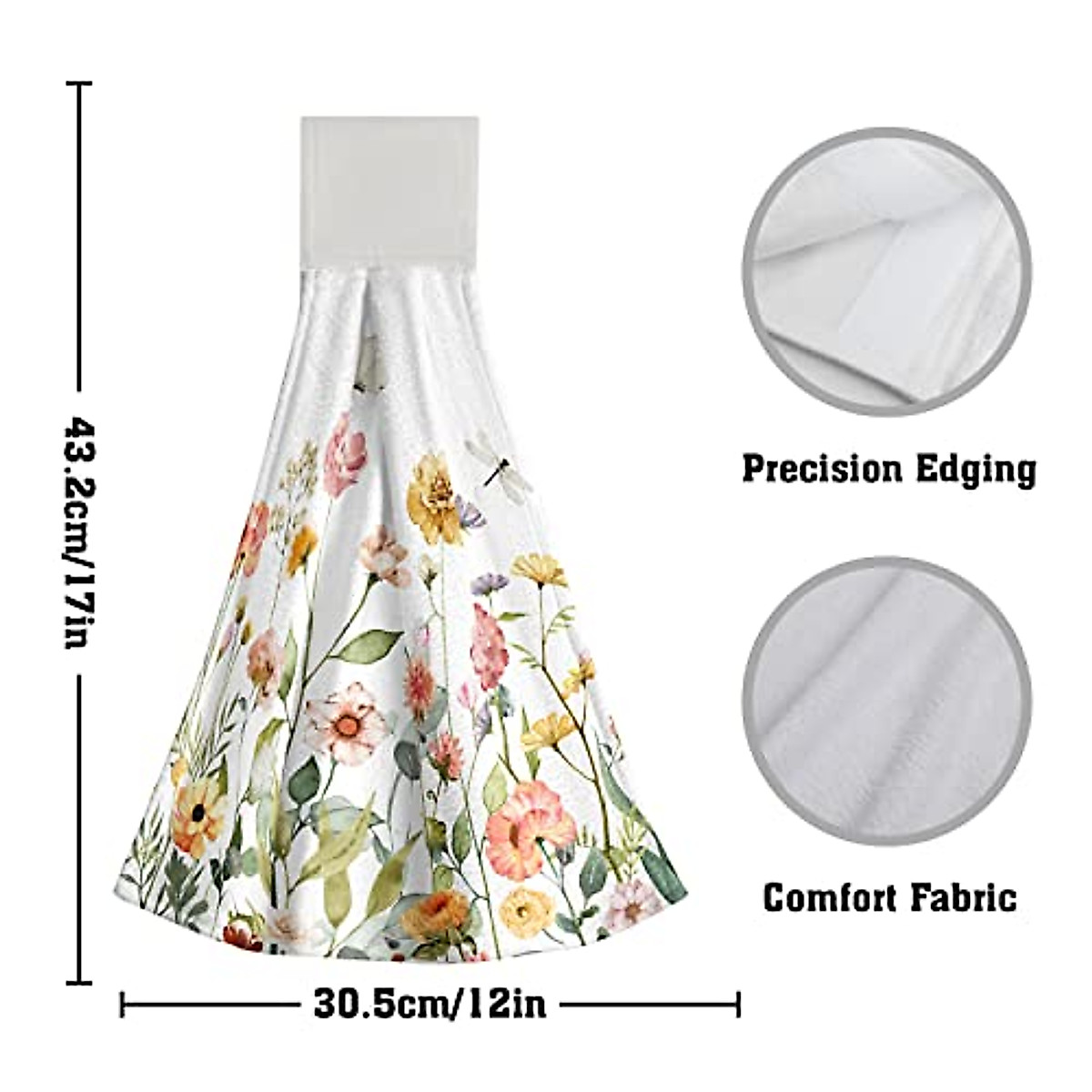 Wild Flowers Hanging Tie Towels Set 2 Pcs Summer Spring Floral Kitchen Hand Towel Absorbent Soft Coral Velvet Tea Bar Dish Dry Cloth for Kitchen Bathroom