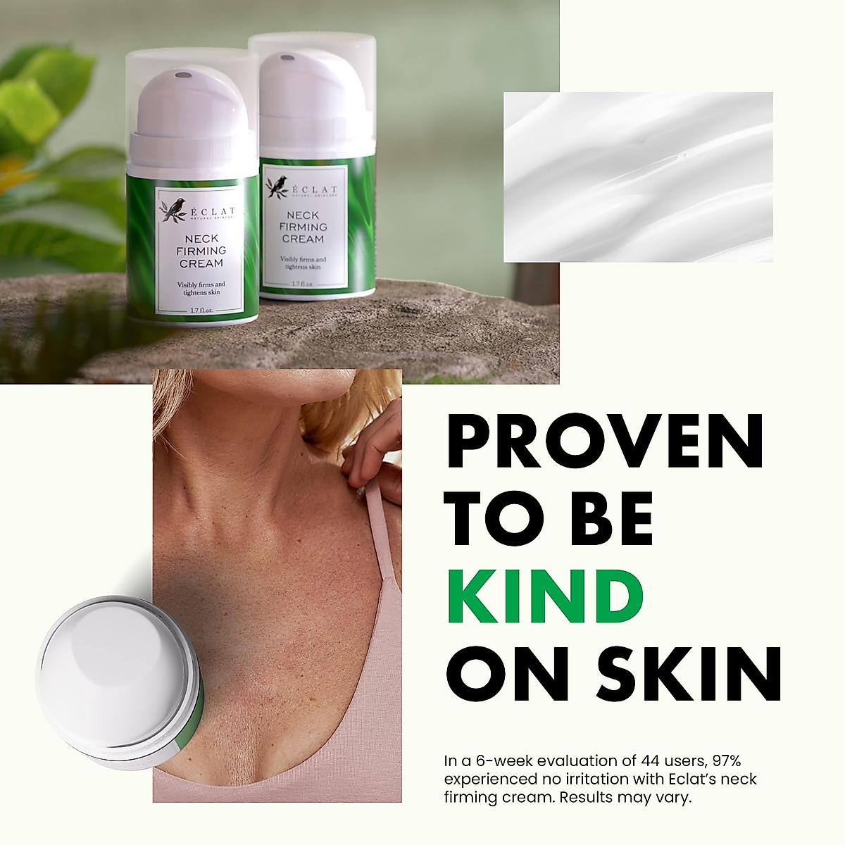 Eclat Skincare Anti Ageing Neck Firming Cream - Natural Skin Tightening Treatment, Anti Wrinkle and Double Chin Reducer - With Vitamin C and E, Green Tea Extract - 100% Vegan, 1.7 oz