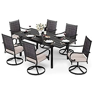 MIXPATIO Outdoor Patio Dining Set 7 Pcs, Patio Dining Table Chair, 6 Rattan Swivel Chairs with Cushions and 1 Metal Rectangular Dining Table (Expandable), for Lawn, Garden, Yards, Poolside