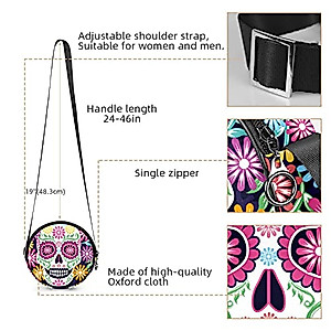 Sugar Skull Flowers Day of the Dead Crossbody Bag for Women Teen Girls Round Canvas Shoulder Bag Purse Tote Handbag Bag