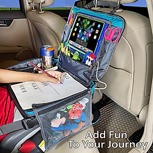 KeolaKids Kids Car and Booster Seat Travel Tray Organizer with Detachable Top, Lap Tray, Updated Headrest Straps, Zippered Storage, Tablet holder with Charger Openings (Blue)