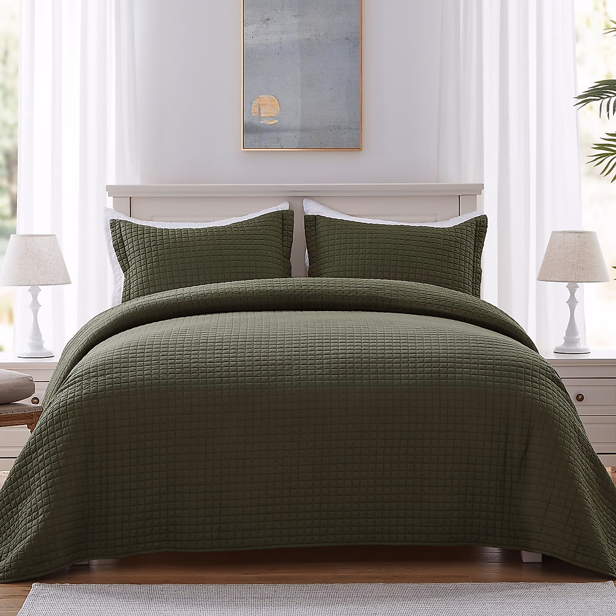 SunStyle Home Olive Green Quilt, Queen Size Quilt Set Lightweight Bedspread Full Soft Reversible Coverlet for All Season 3pcs Army Green Square Quilted Bedding Sets (1 Quilt 2 Pillow Shams)(90"x96")