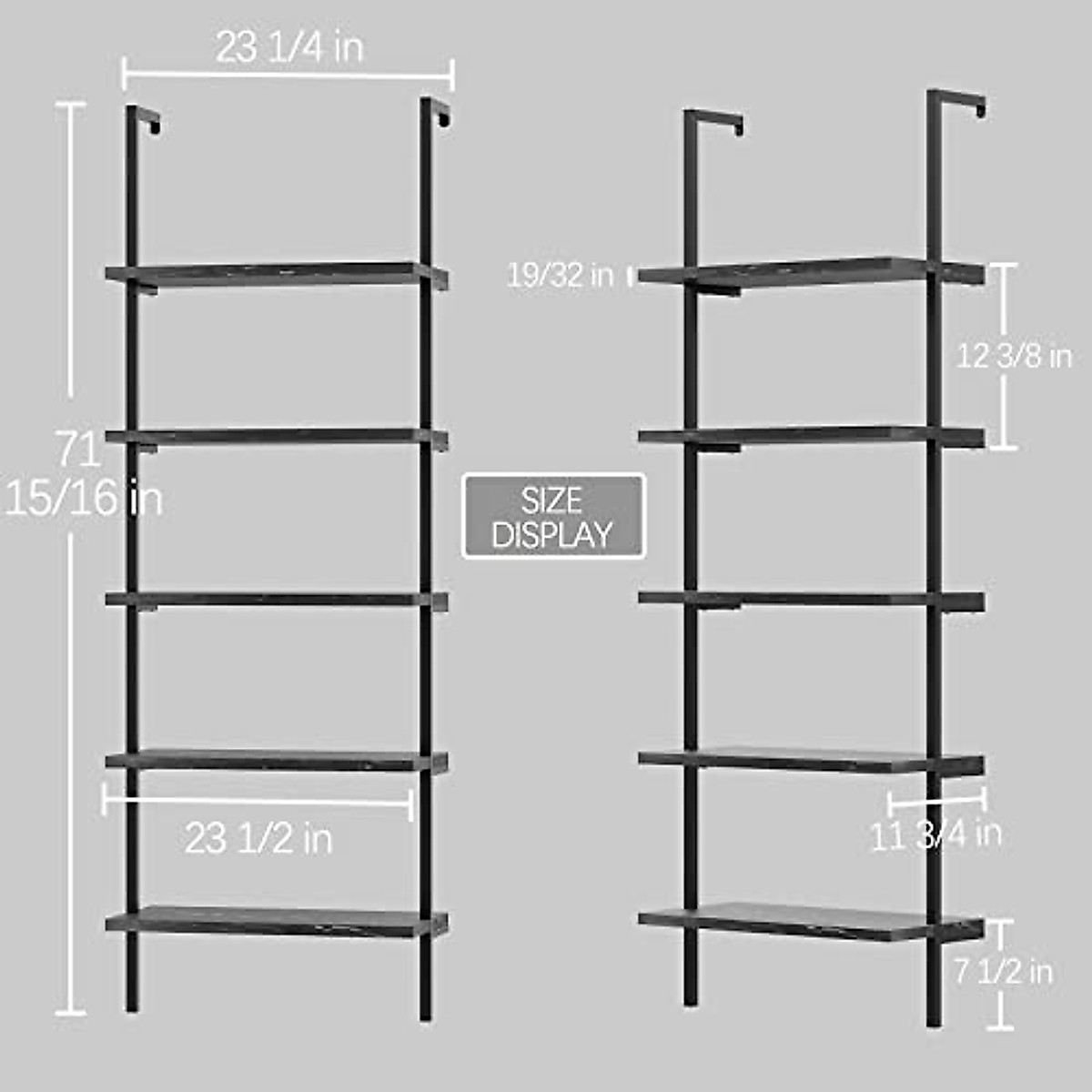 Bevfint 5-Tier Industrial Ladder Shelf Rustic Wall Mounted Metal Frame Bookcases, Multi-Use Open Shelf for Storage Organizer Plants Rack for Office and Home, Living Room, Bedroom - Black Marble Board