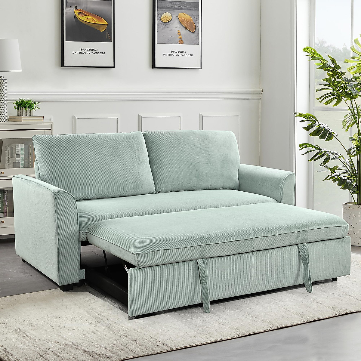 Familymill 78'' Modern Corduroy Fabric Convertible Sleeper Sofa Bed, 3-in-1 Pull Out Couch Bed with Reclining Backrest for Living Room/Apartment/Office (Light Green)