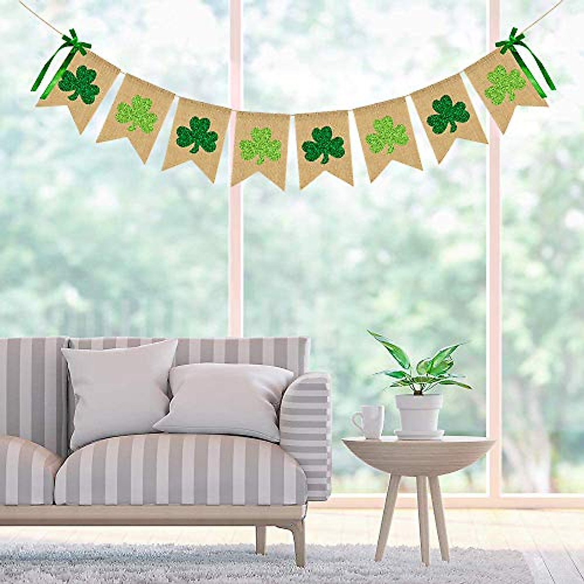 CAVLA Glittery Shamrock Burlap Banner St. Patrick's Day Green Shamrock Clover Banner Garland with Bows Saint Patrick's Day Party Decorations for Irish Lucky Day St. Patty’s Day Home Outdoor Decor