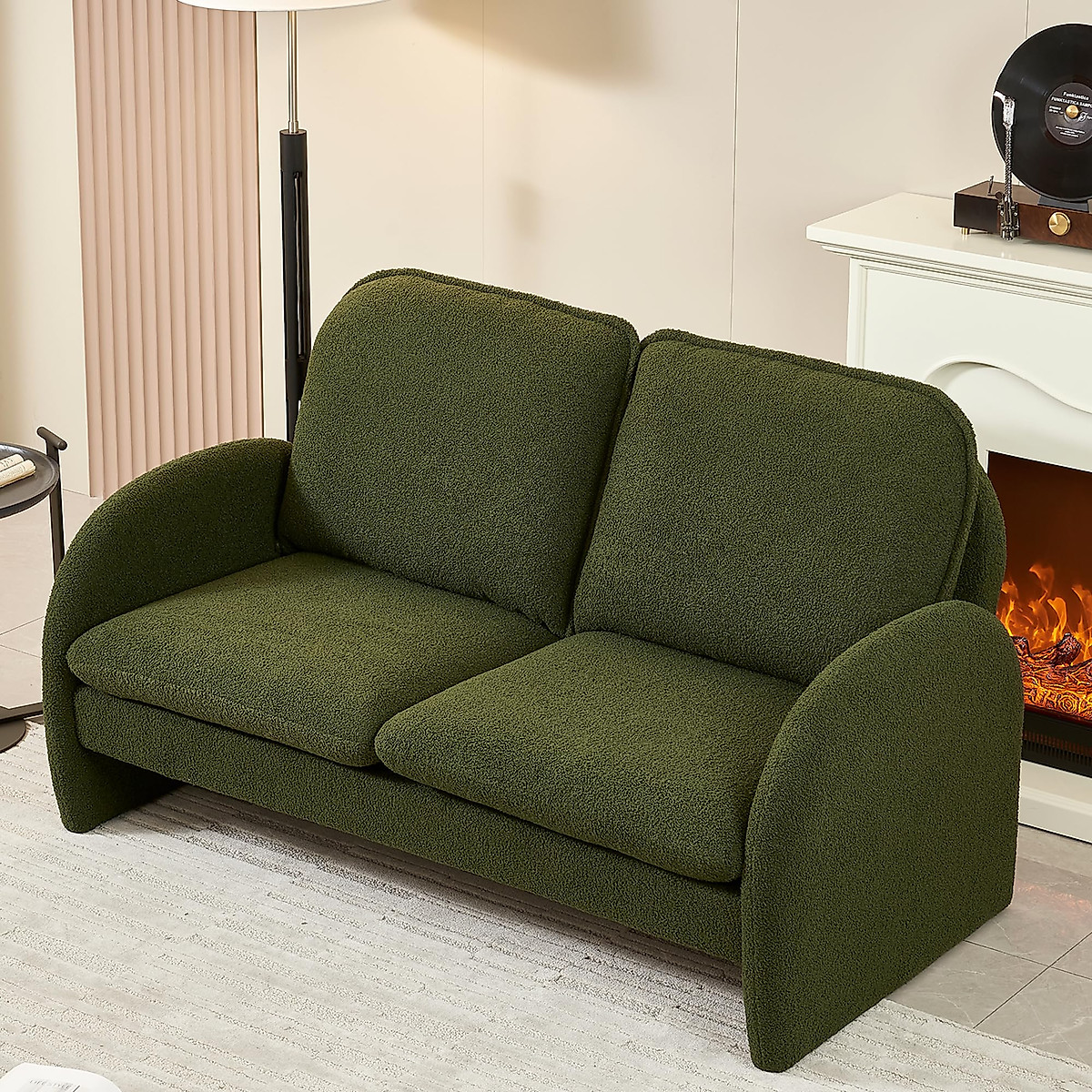 VnndeNest 59" Loveseat Sofa, Lambswool Sherpa Fabric Mid Century Modern Sofa, Upholstered Comfy Small Couches with Cushions & Armrest, 2 Seater Small Sofa for Small Spaces, Living Room, Bedroom, Green