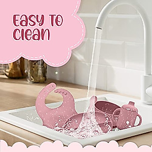 Silicone Baby Feeding Set - Food-Grade Baby Led Weaning Supplies For Toddlers - Includes Non-BPA Suction Plate with Divider, Suction Bowl, Pocket Bib, Spoon & Sippy Cup For Weaning - Pink