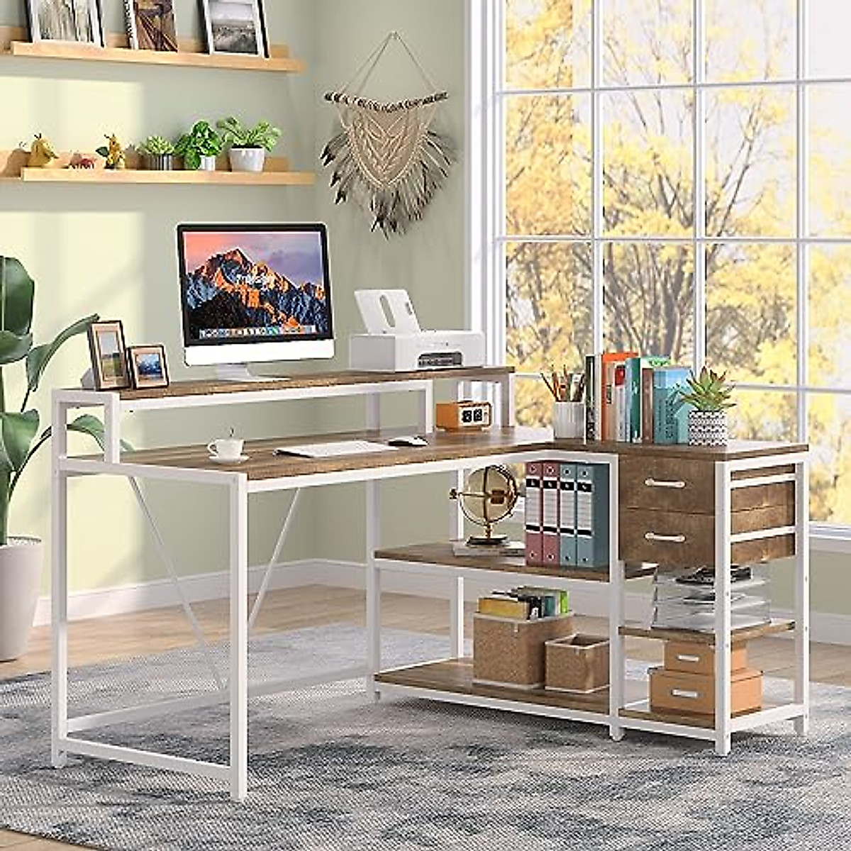 LITTLE TREE 55" L-Shaped Computer Desk, Reversible Home Office Desk with File Drawers and Monitor Stand, Gaming Desk Writing Study Table Workstation