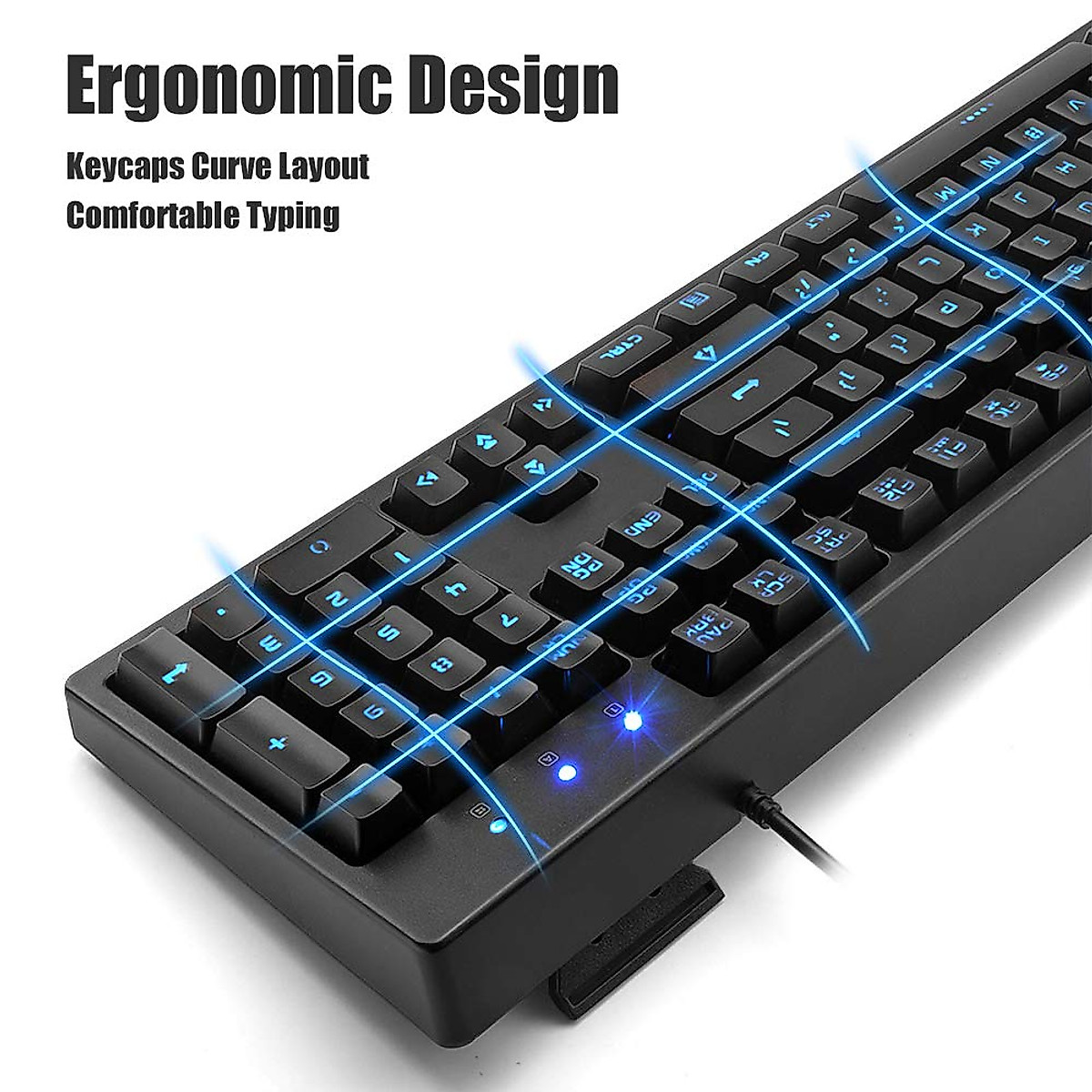 Basaltech Mechanical Feeling Keyboard with LED Backlit, 104-Key Quiet Membrane Keyboard for Gaming or Office, Ergonomic Silent Water-Resistant Light Up Wired USB for Computer,Mac,Laptop