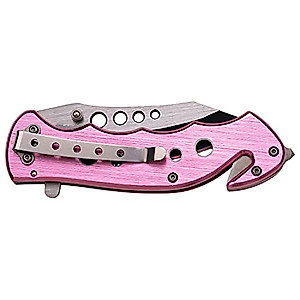 TAC FORCE Spring Assisted Folding Pocket Knife – Black/Satin Partially Serrated Blade, Pink Aluminum Handle with EMT Logo, Rope Cutter, Glass Punch, Pocket Clip, Tactical, EDC, Rescue - TF-498PEM