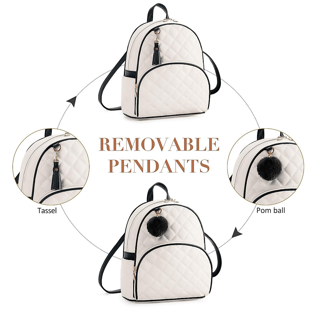 ECOSUSI Mini Backpack Women Leather Small Backpack Purse for Ladies Cute Pom Bookbag Travel Shoulder Bag with Charm Tassel