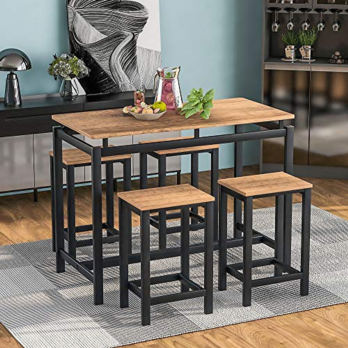 LCH 5-Piece Counter Height, Industrial Dining, Small Space Chairs, Kitchen Table Set for 4 Persons (Brown)