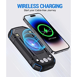 Jinepin 2 Pack of 36000mAh Solar Power Bank Solar Phone Charger, Built in 6 Cables, Wireless Portable Charger External Battery Pack with Led Flashlight