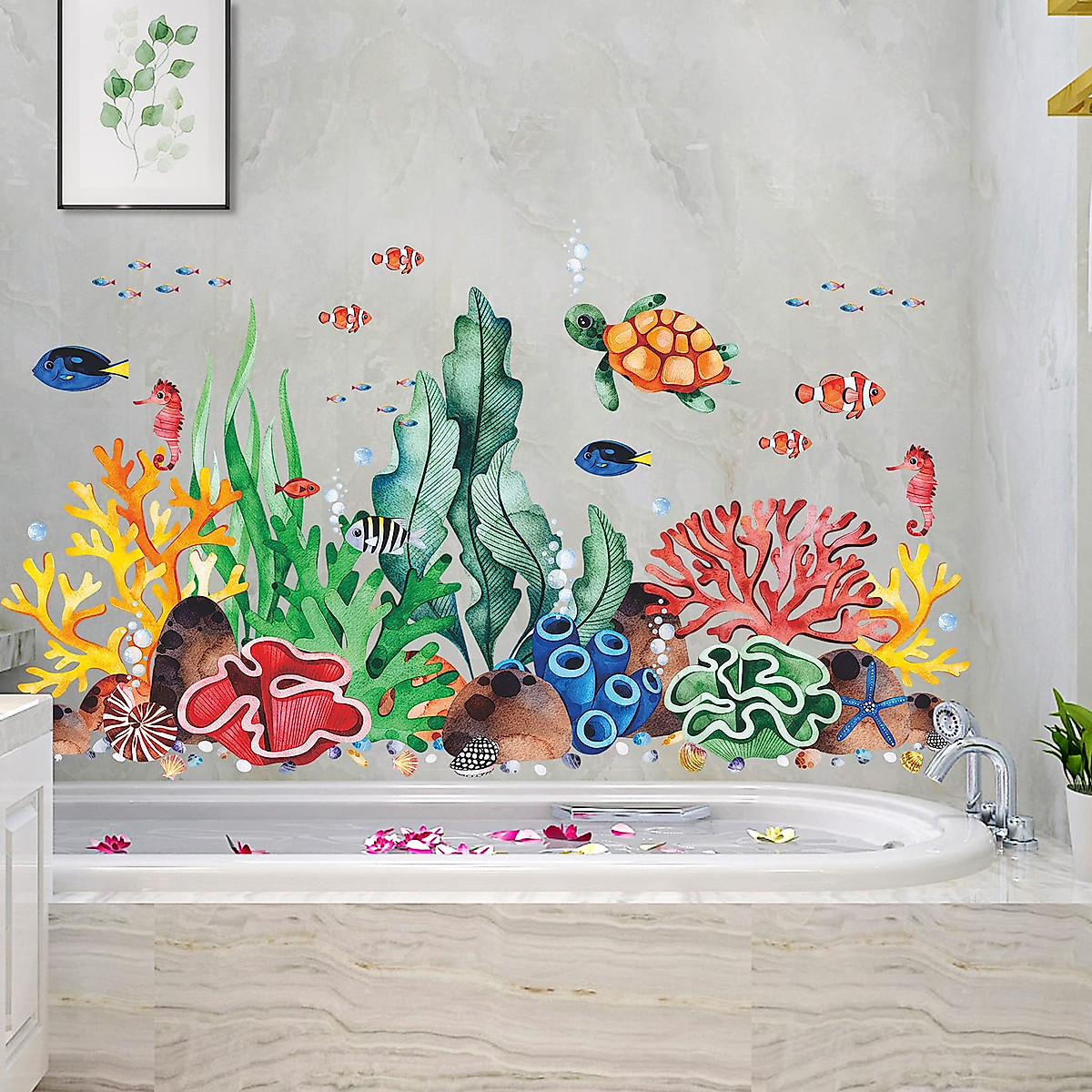 Creative Removable 3D Under The Sea Wall Sticker Ocean Life Coral Grass Wall Decal Peel and Stick Fish Sea Turtle Whale Wall Decor for Kids Bedroom Bathroom Nursery Living Room Wall Corner Decoration