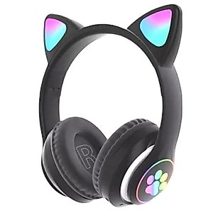Cute Cat Headphone with Wireless BT Noise Cancelling Microphone & LED Lights- Black