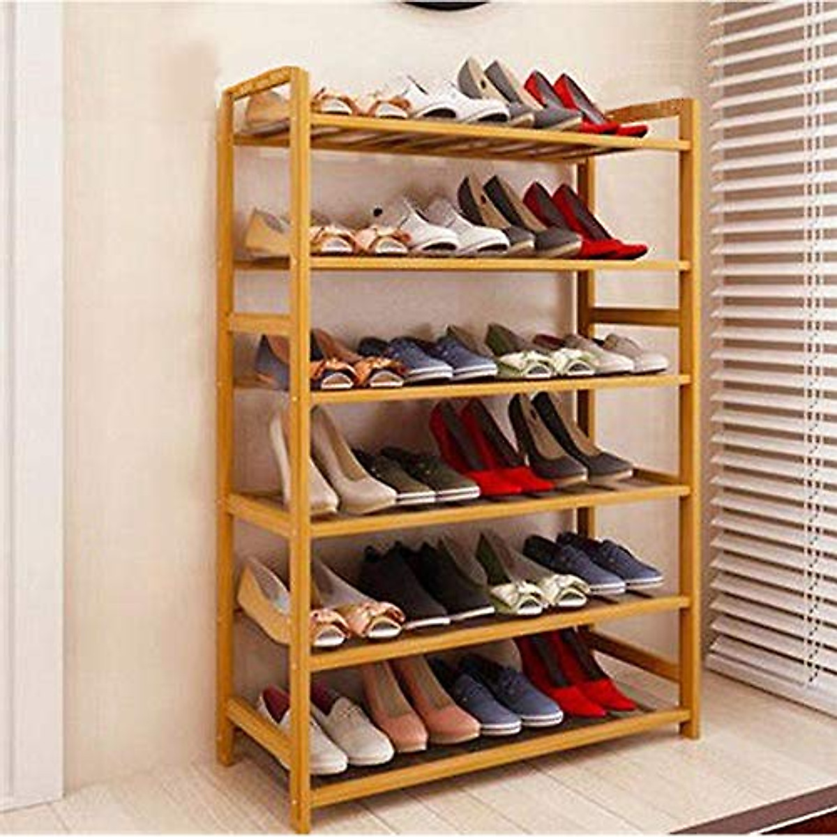 KCHEX 6 Tier Wood Bamboo Shelf Entryway Storage Shoe Rack Home Furniture Organizer Bench Holder Seat Natural Hallway Home