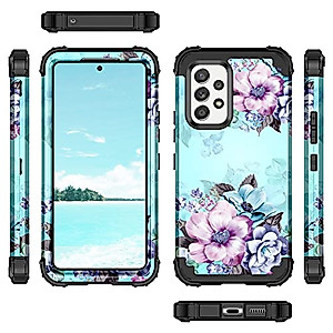 Casetego Compatible with Galaxy A53 5G Case,Floral Three Layer Heavy Duty Sturdy Shockproof Full Body Protective Cover Case for Samsung Galaxy A53 5G,Blue Flower