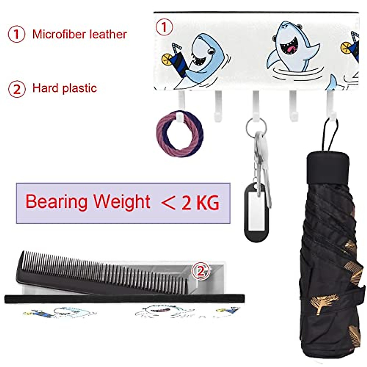 Cute Swim Ring Shark Rack Organizer with 5 Hooks Wall Bathroom Kitchen Shelf Rack Multifunctional Storage Shelf