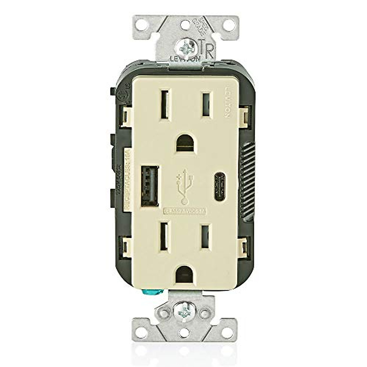 Leviton T5633-I 15-Amp Type A & Type-C USB Charger/Tamper Resistant Outlet, Not for Laptops, Ivory